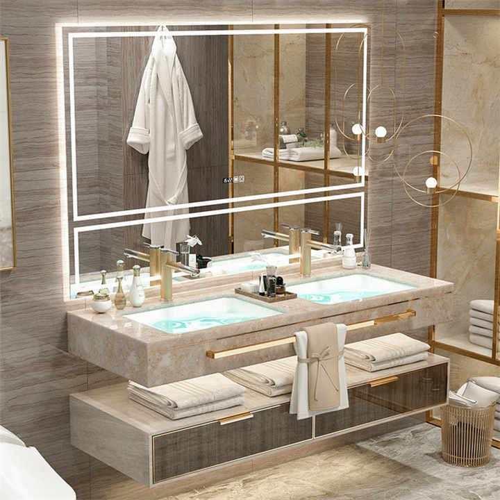 Beige Double Sink Luxury Wall Mount Bathroom Vanity & LED Mirror Set ...