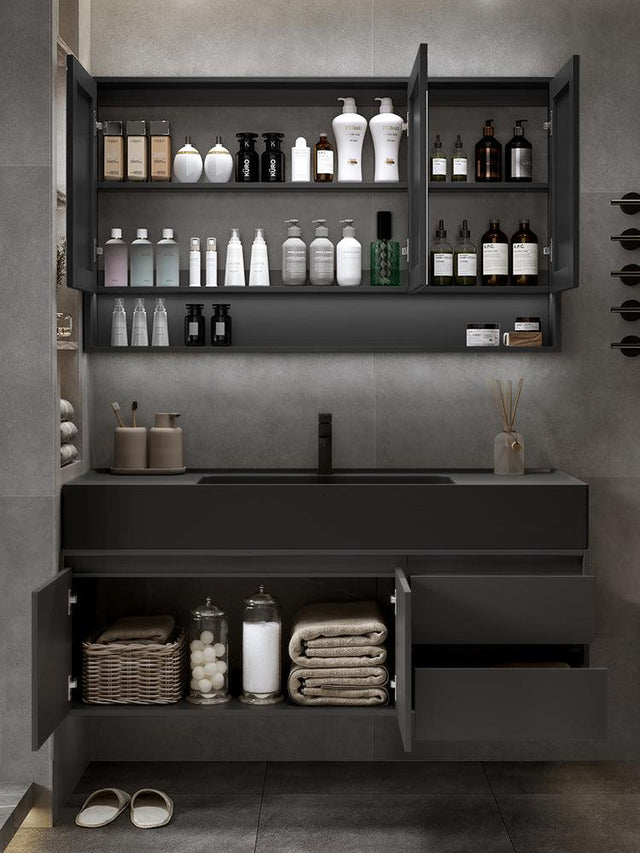 Black Luxury Wall Mount Bathroom Vanity & LED Mirror Cabinet Set ...