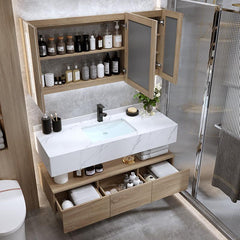 FLOATING OAK Wall Mount Bathroom Vanity Set Quartz Medicine Cabinet ...
